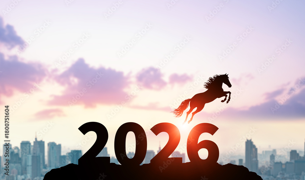 Poster 2026年へジャンプする馬 2026年午年新年イメージ ビジネス向け年賀状素材 – Wall Art | UkPosters