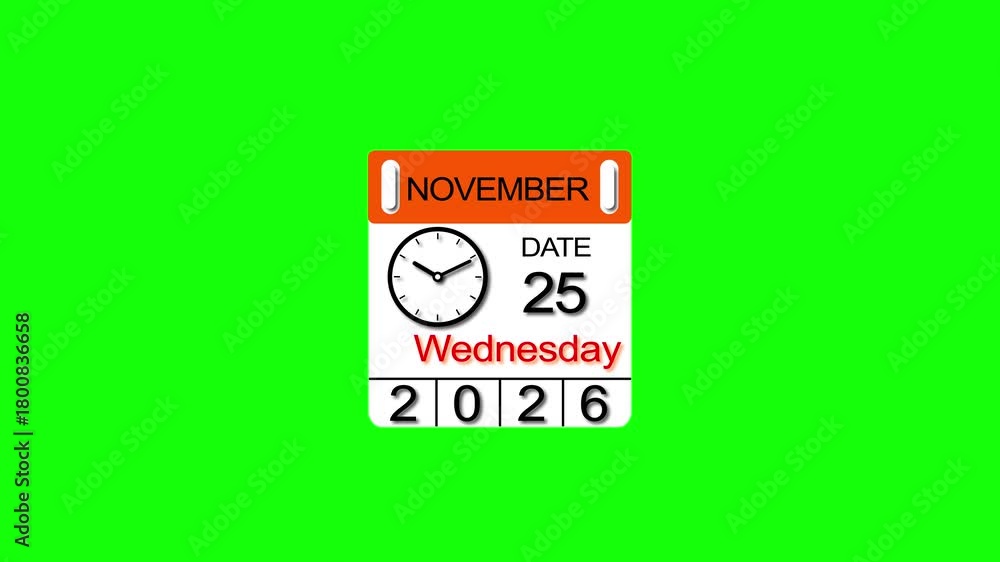 November month Wednesday 25 date calendar with clock animation. 2026 ...