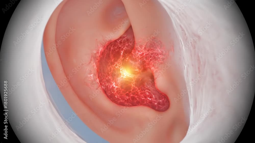 Detailed 3D animation of a human ear with a painful infection ...