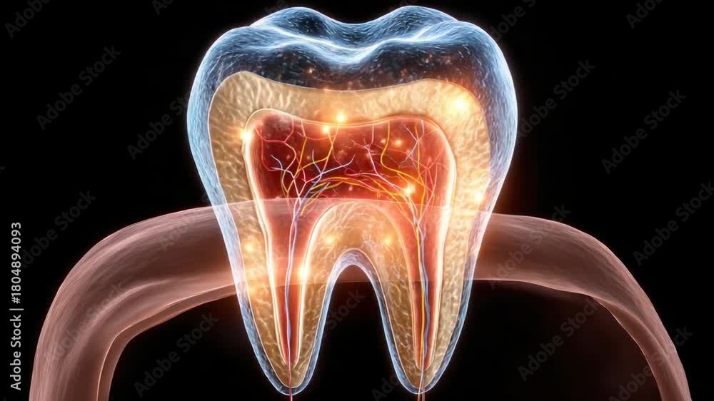 Cross-section of a tooth, showing layers of enamel, dentin, and pulp ...