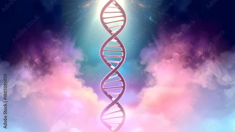 A luminous dna double helix floating in a surreal sky with colorful ...