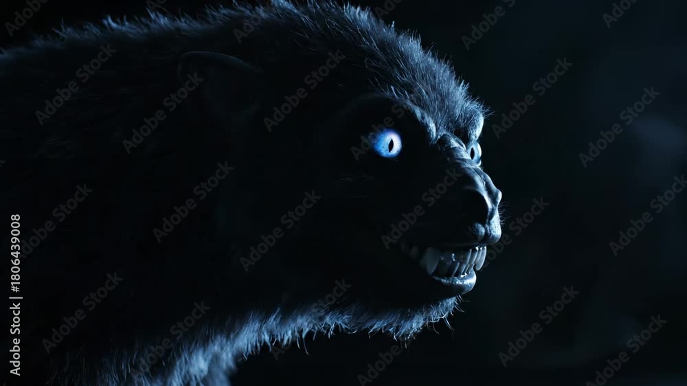 Werewolf snarls showing teeth with glowing blue eyes in darkness ...