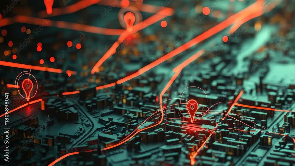A detailed digital map illustrates city streets with glowing red ...