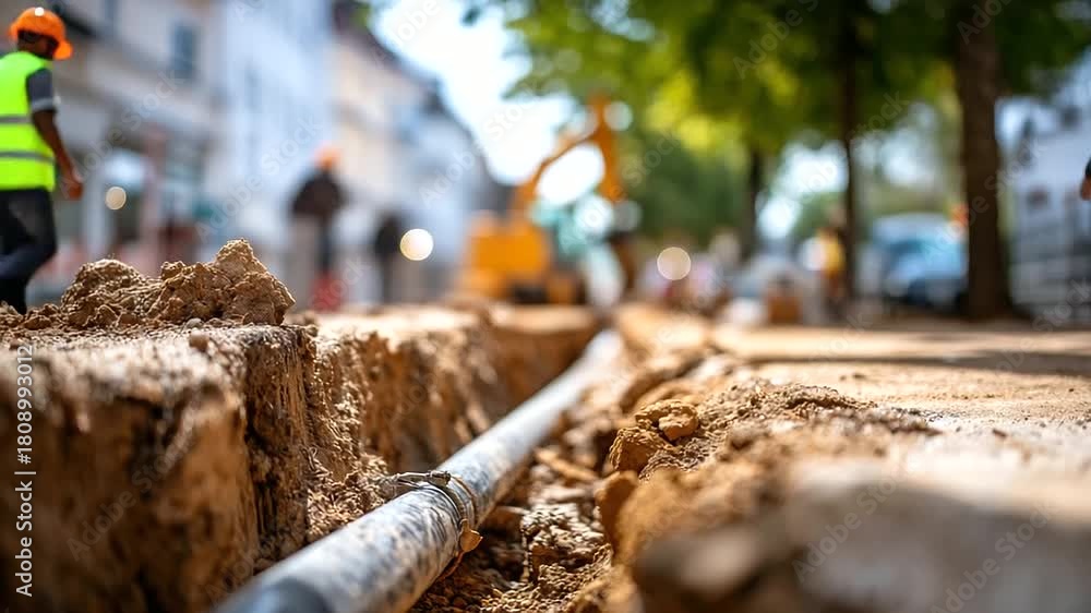 Trench excavation with exposed pipeline routing underground ...