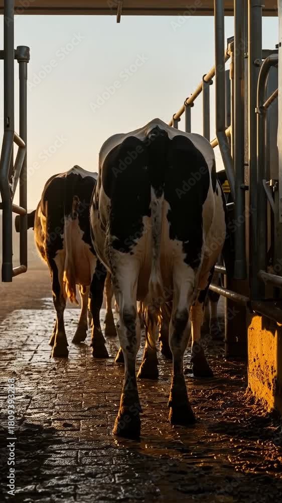 Dairy cows enter automated milking stalls at dawn Stock Video | Adobe Stock