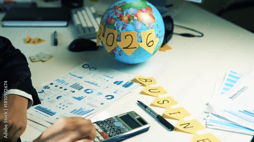 Earth Globe with 2026 Sticky Notes 2026, Office Desk with Globe and ...