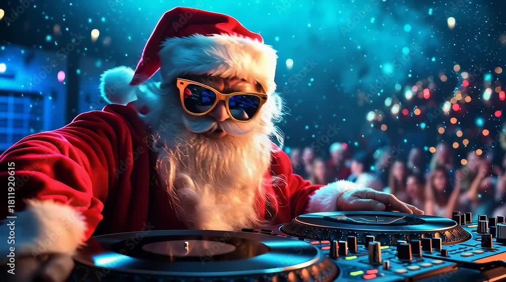 A DJ Santa Claus plays energetic music at a holiday party. The concept ...