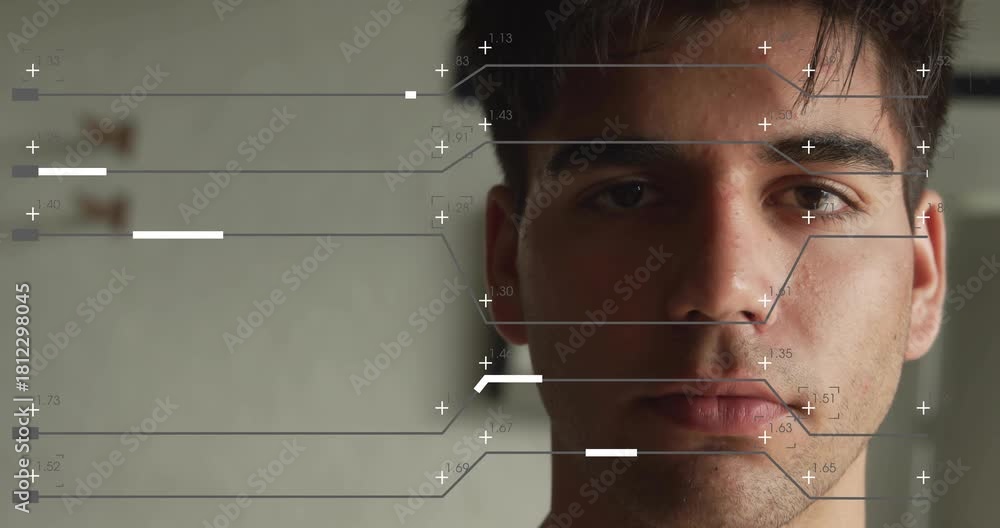 Man facing forward, HUD overlay guides moving from left and scanning ...