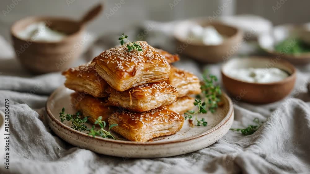 Golden puff pastry squares with sesame seeds and cream cheese dips ...