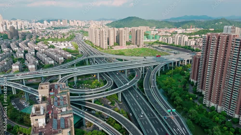 Hangzhou Highway Interchange with Rainbow Road Markings and Elevated ...