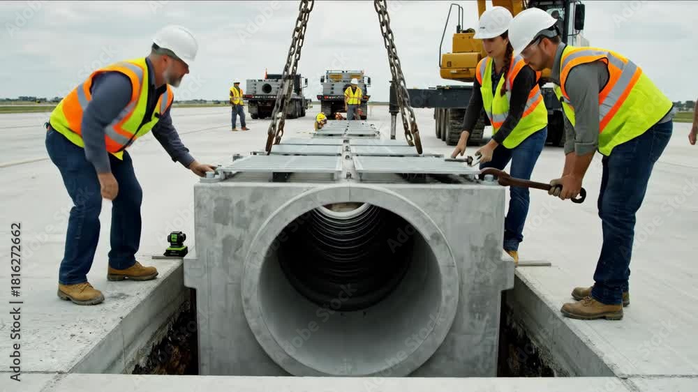 Construction workers installing drainage culvert, using crane and tools ...