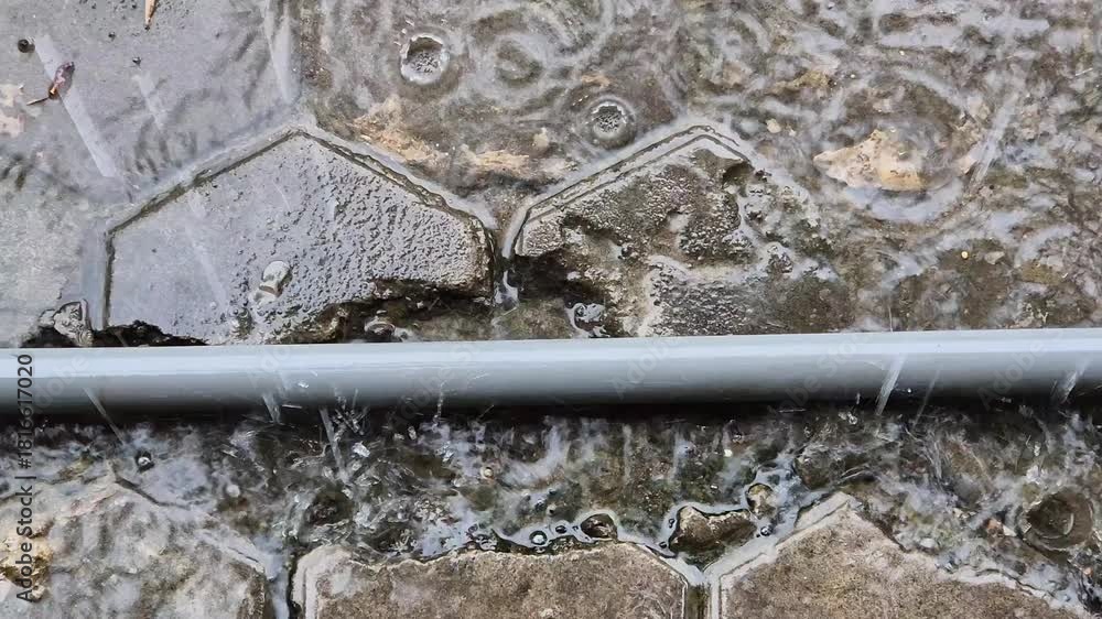 Rainwater Flowing from a Drainpipe, Creating Ripples on Soaked Paving ...