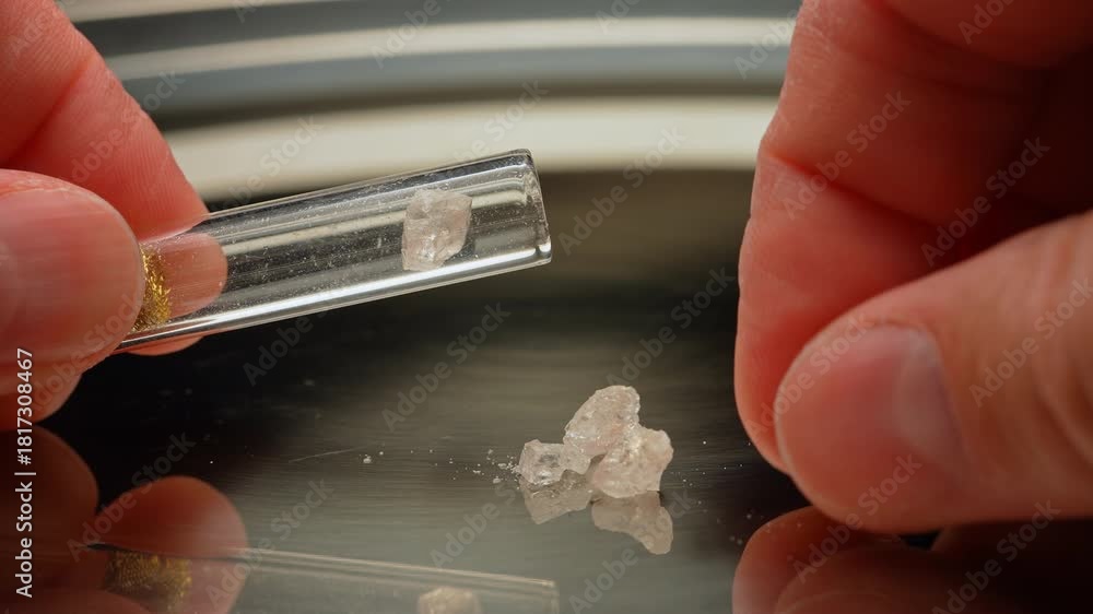 Placing crystals of drug in glass smoking pipe from harm reduction stem ...