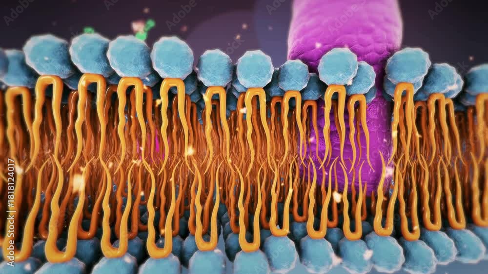 Microscopic 3D animation of a cell membrane phospholipid bilayer with a ...