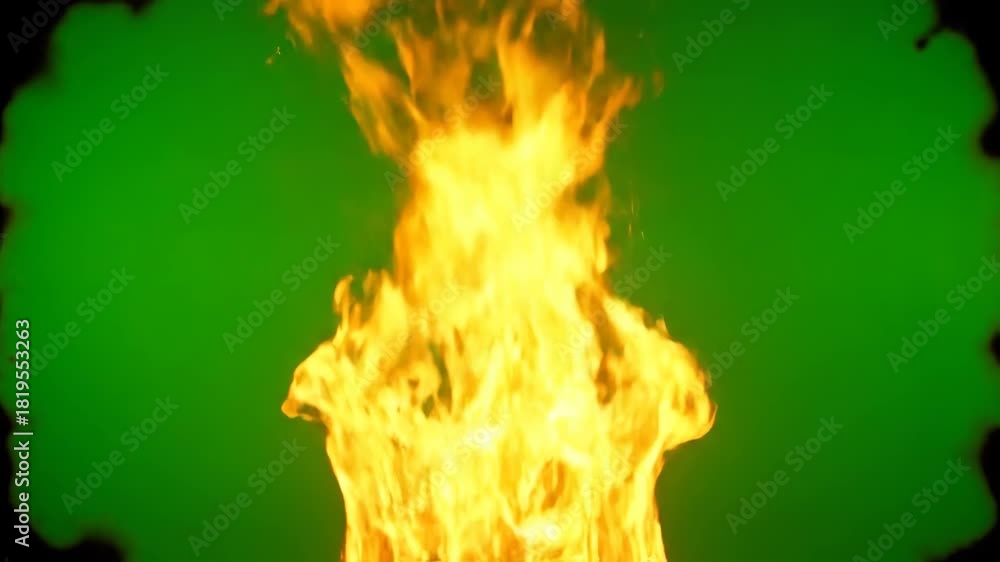 Flame burst expands outward on green screen then fades. Fire effect ...