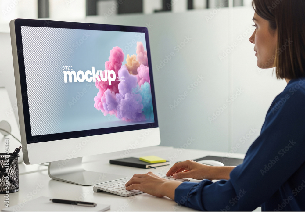 Mockup of woman working behind desktop screen in office setting Stock ...