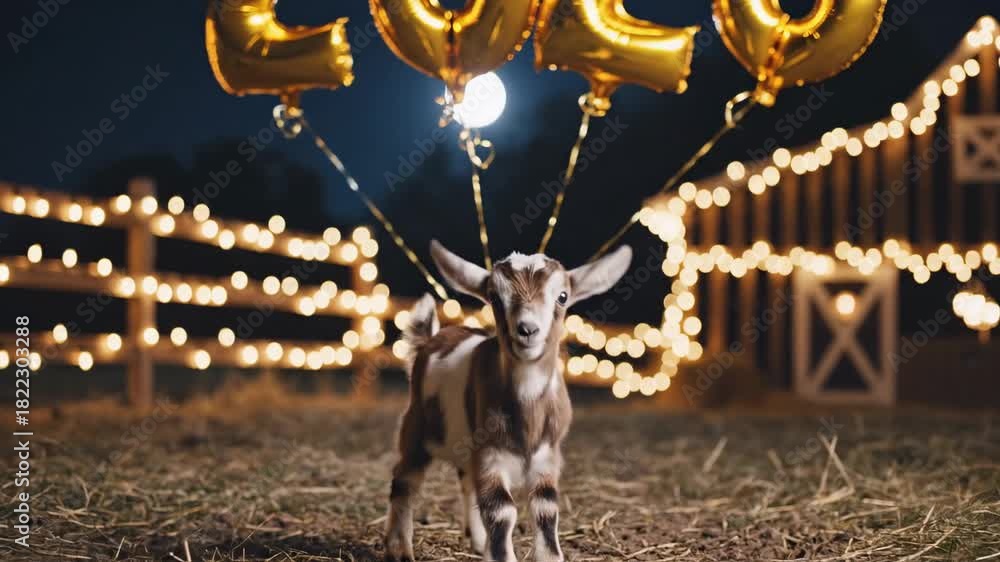 Celebrating the arrival of 2026 with a goat in a decorated barn under ...