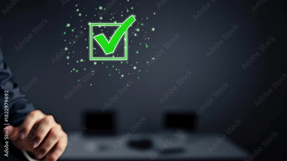 Man's hand reaching for a check mark as a symbol of completed and ...