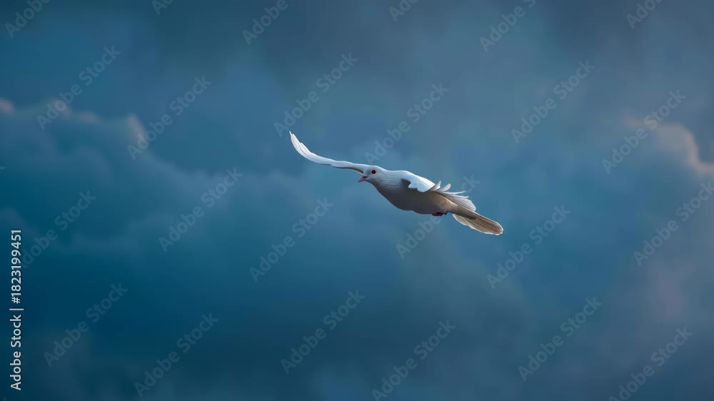 White dove bird flight soft light across blue sky and cloud, gentle ...