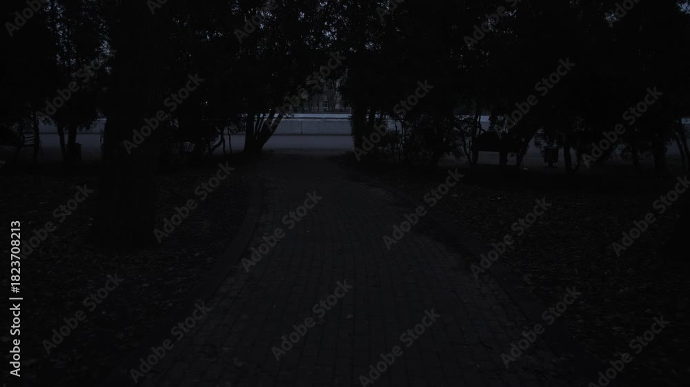 shaded park entrance under dense hedges, low light path opens toward ...