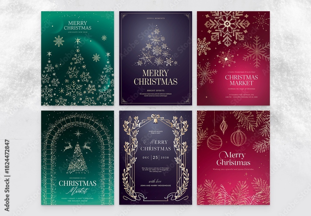 Christmas Poster Template Set in Festive Green, Blue, Red & Gold for ...