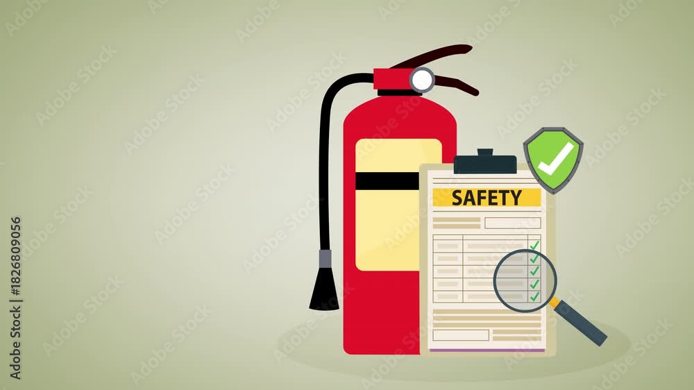 Fire fighting checklist. Extinguisher and paper tablet with checkmarks ...