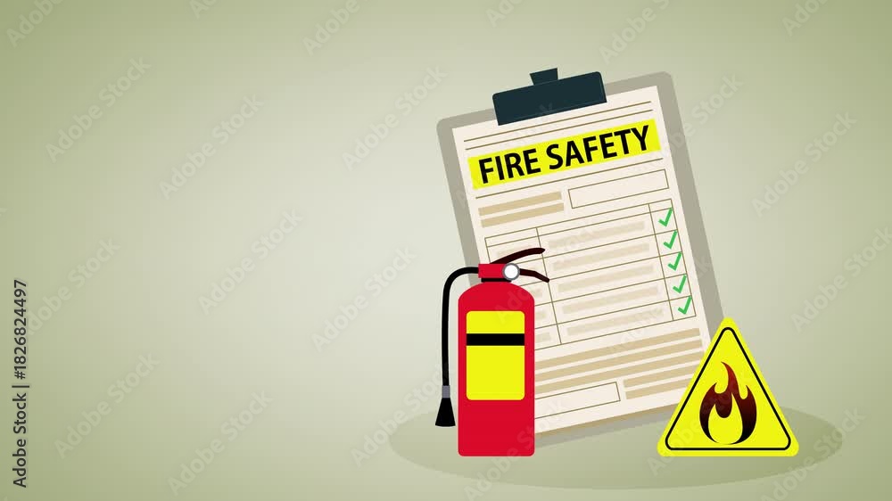 Fire fighting checklist. Extinguisher and paper tablet with checkmarks ...