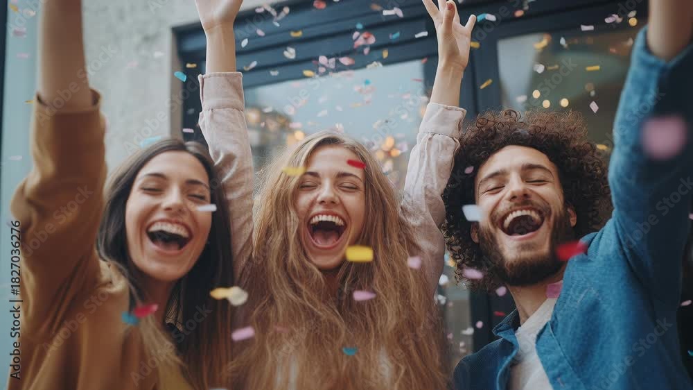 young team celebrating with confetti cheering in office space with ...