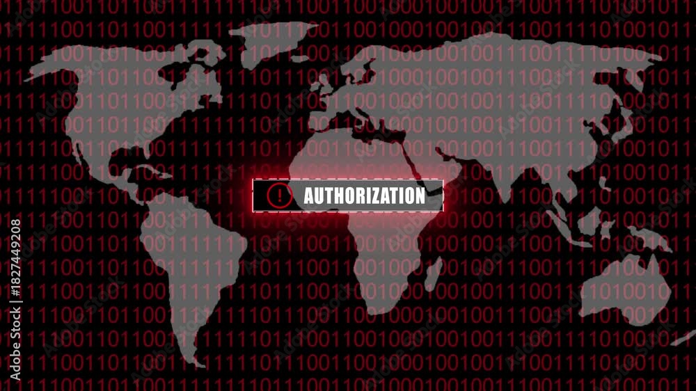 World map overlaid with binary code and a glowing red and white ...