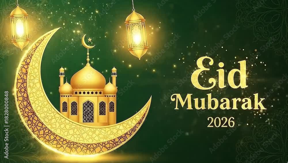 A festive eid mubarak 2026 greeting card featuring a golden mosque on a ...