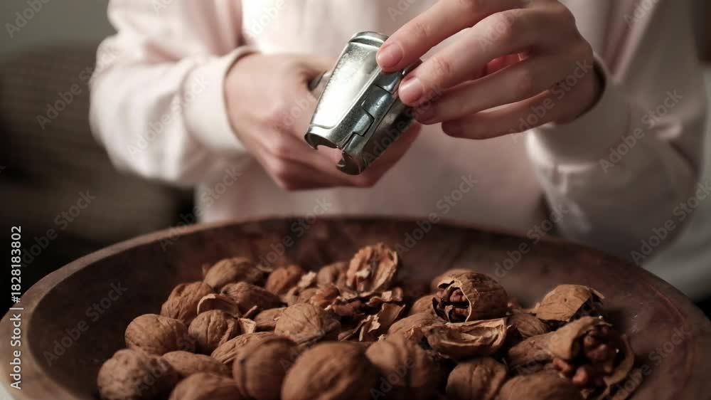 Closeup video of cracking walnuts using special tool. Nuts in a vintage ...