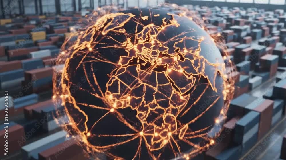 Glowing digital globe with network connections superimposes a vast ...