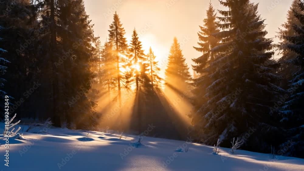 sun rising low through dense pine trees with beams of warm light ...