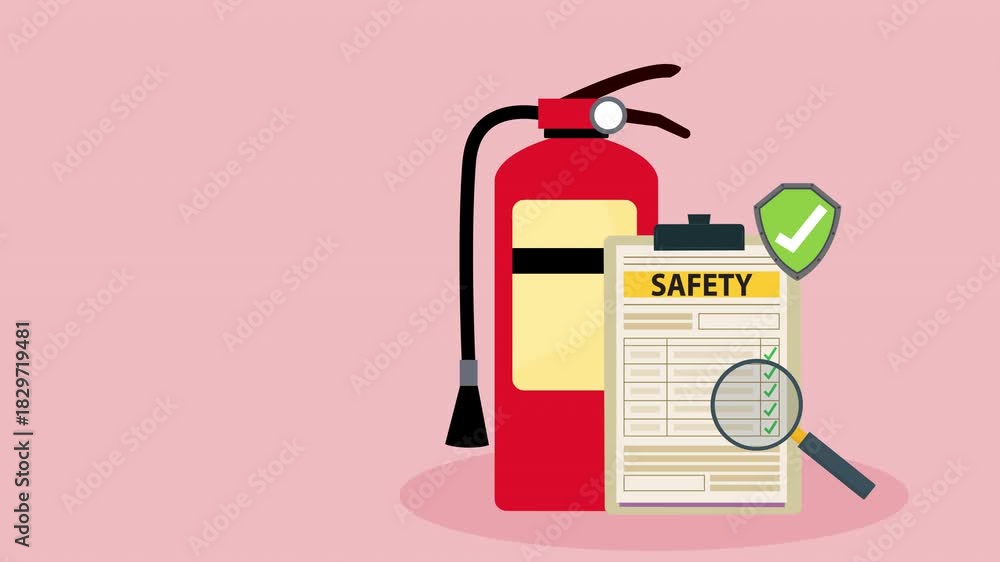 Fire fighting checklist. Extinguisher and paper tablet with checkmarks ...