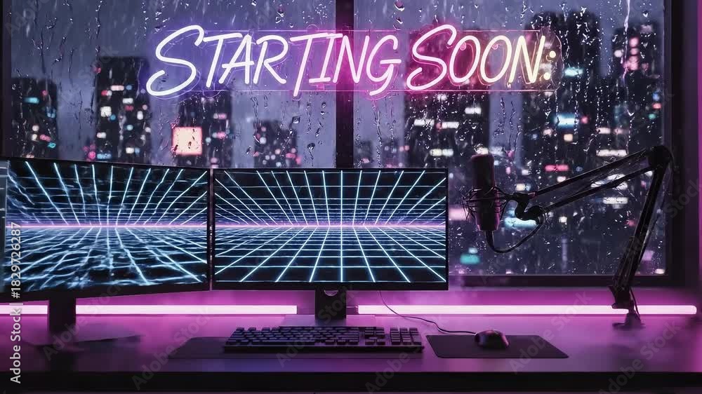Streaming Setup with Neon Sign and Cityscape. Stream starting soon ...