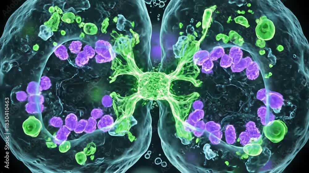 Vidéo Stock fluorescent cells dividing under microscope, animated ...