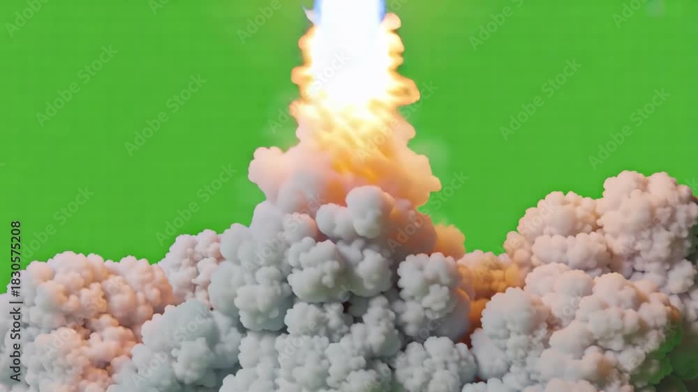 Rocket launch with fire and smoke on green screen background for ...