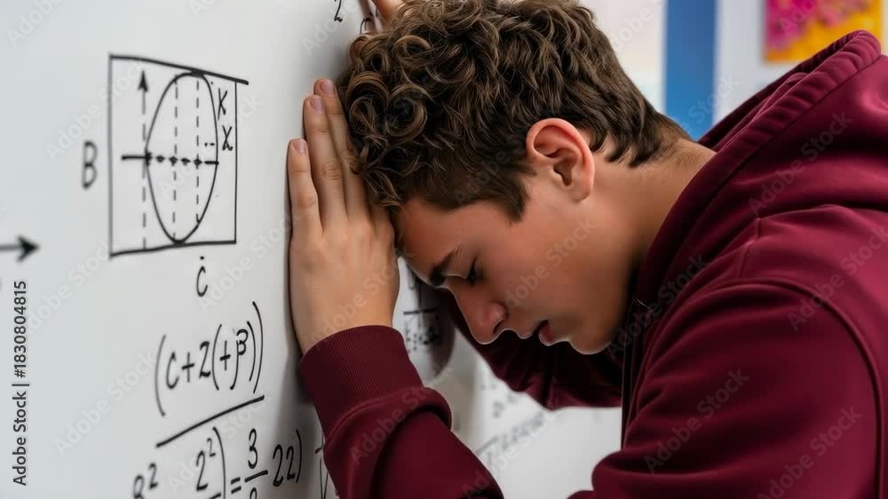 Student struggles with math equations while studying in a classroom ...