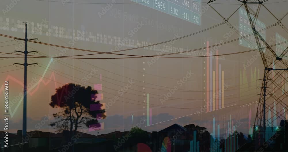 Camera panning and zooming right, towers entering frame, overlays ...