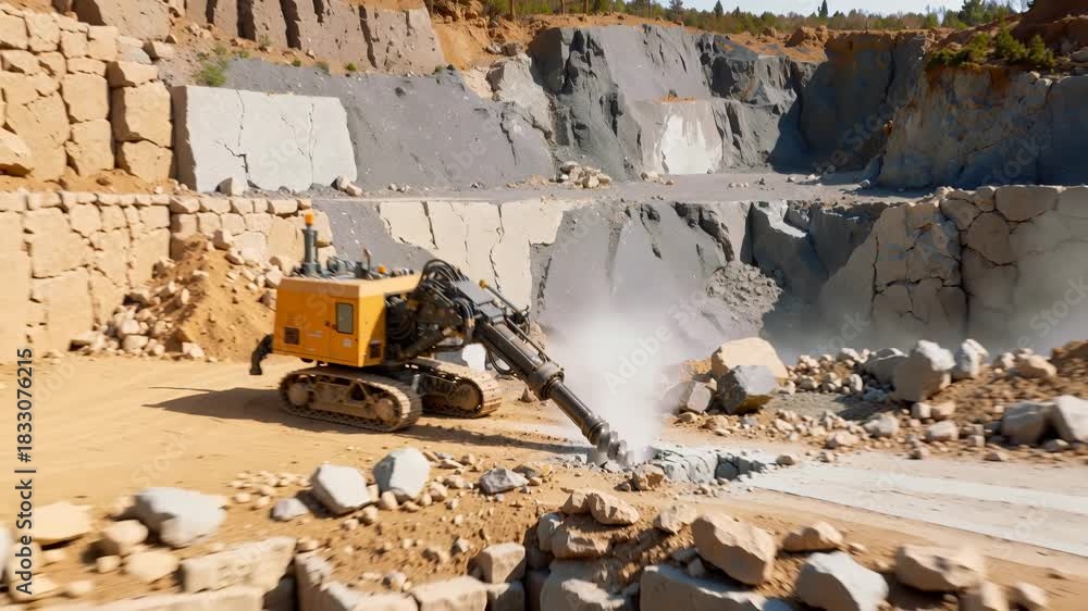 Drilling rig boring a hole into granite rock at an open-pit quarry ...