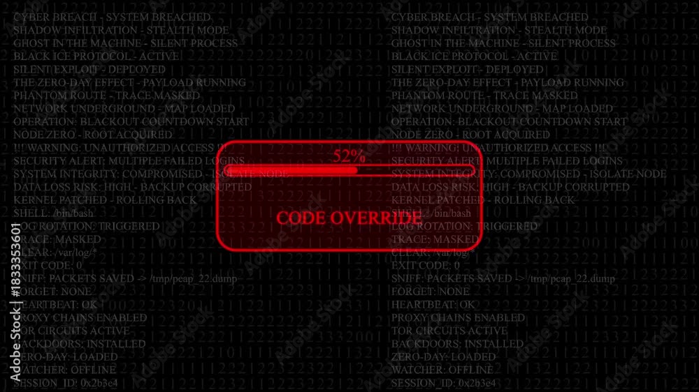 Code Override Screen With Binary Code And Red Alert. black background ...