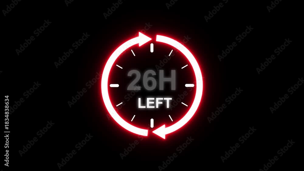 24 hours clock with circle arrow and the numbers 26 Hour left. video ...