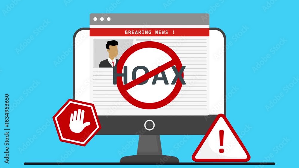 4k animation of computer screen with a breaking news and no hoax symbol ...