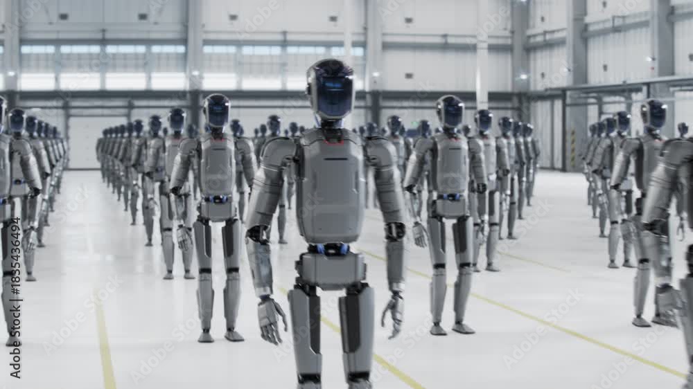 3D Animation: Rows of Autonomous AI-Powered Humanoid Robots Standing in ...
