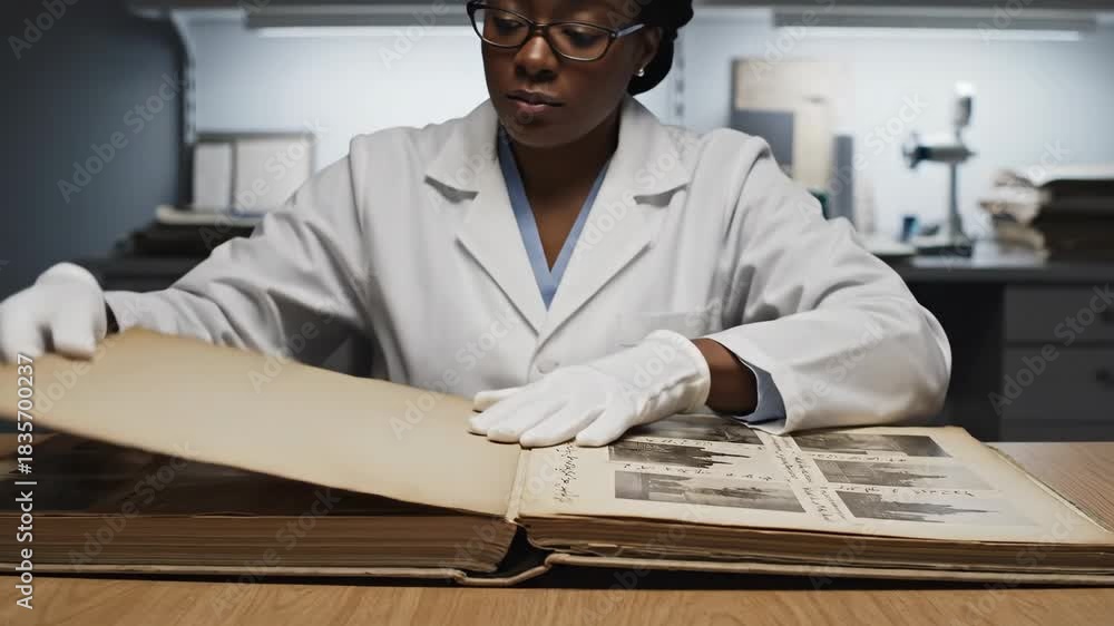 In a quiet archive, a diligent researcher carefully turns the pages of ...