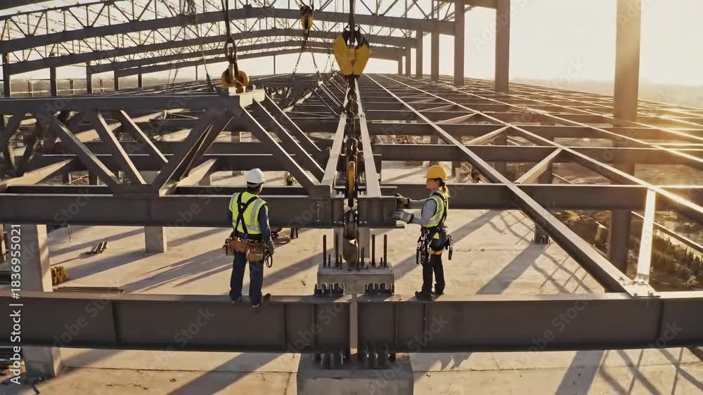 Construction Crew Assembling Steel Structure, Modern Building Framework ...
