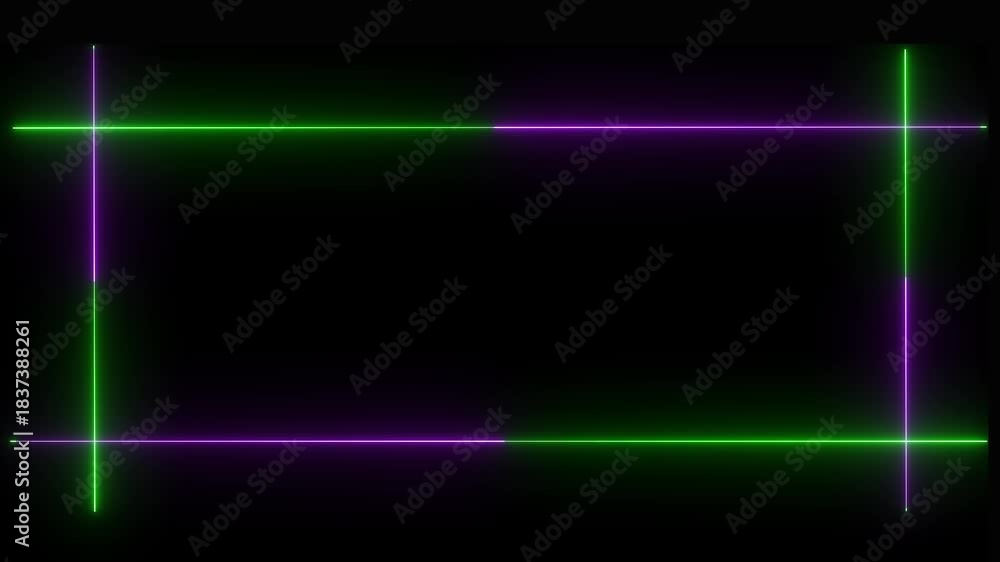 Neon line glowing rectangle frame on black background. Glowing blue and ...