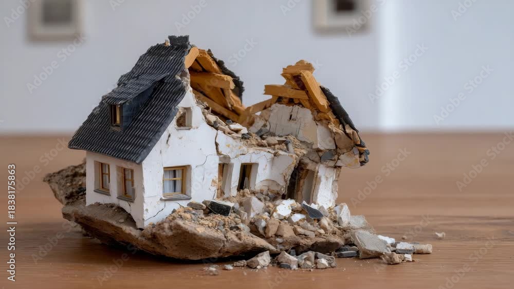 289Damaged scale model of a residential house, leaning precariously on ...
