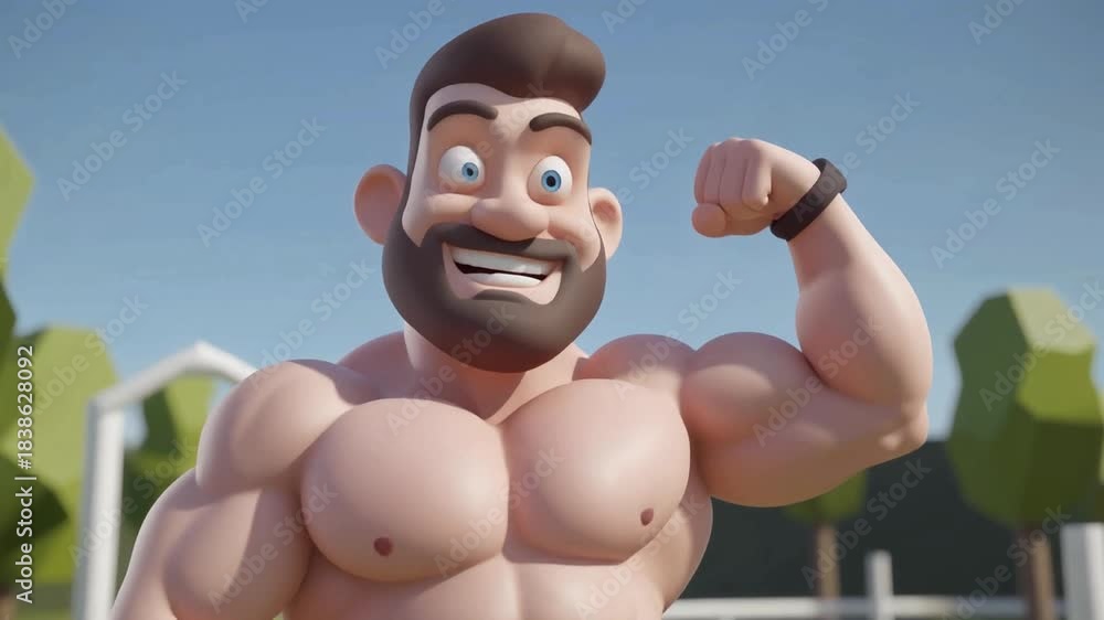 Animated Muscular Man Flexing Biceps in Outdoor Park Gym. Stock Video ...