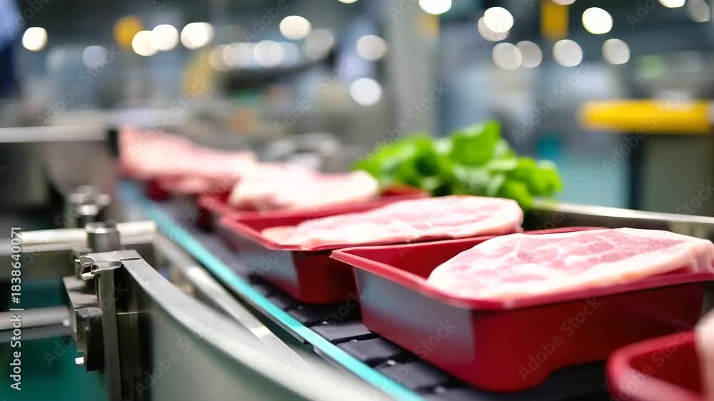 Meat processing line, raw pork loins, red containers visible, conveyor ...